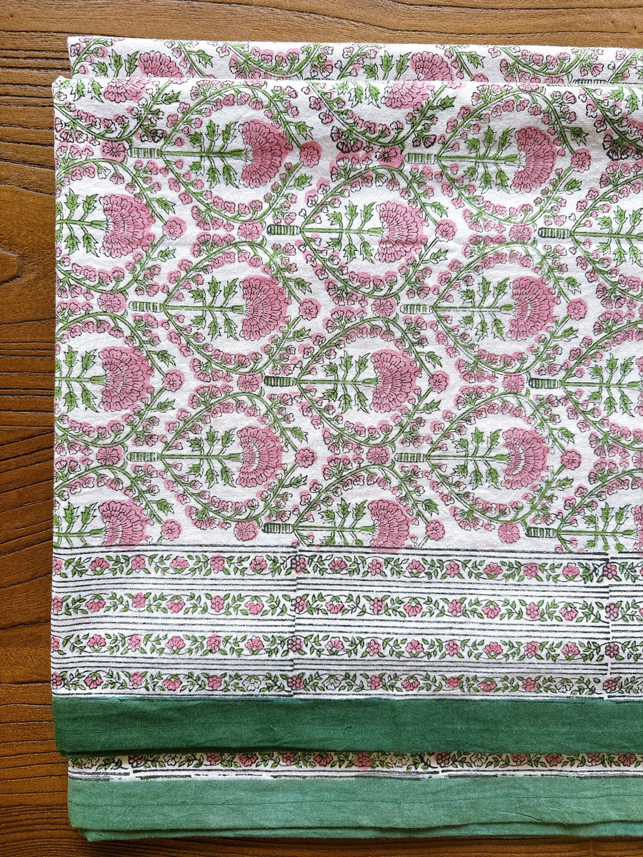 RANI/Table cloth - block printed GREEN PINK – The Planter‘s Bungalow